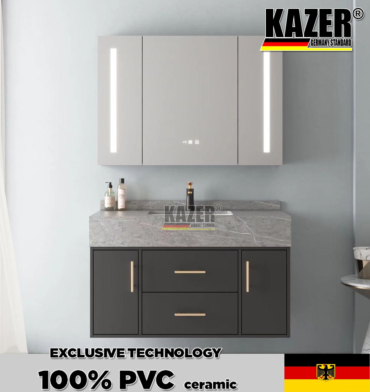 KZT8003X – TỦ LAVABO PVC CAO CẤP KAZER – MÀU XÁM – KT 800x470mm – TỦ GƯƠNG HỘP,LED 2 SỌC ...